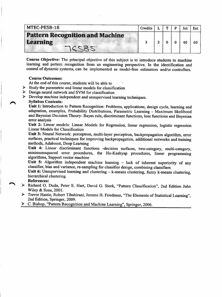 Syllabus Pattern Recognition and Machine Learning | PDF
