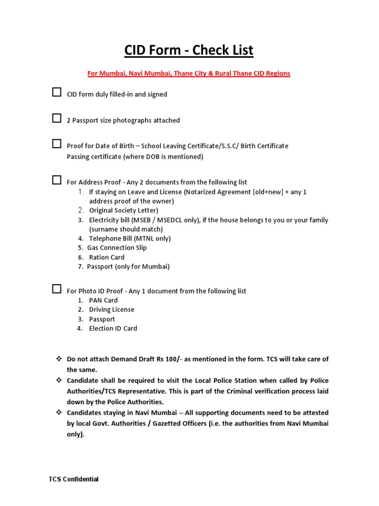 CID Form - Check List: For Mumbai, Navi Mumbai, Thane City & Rural ...