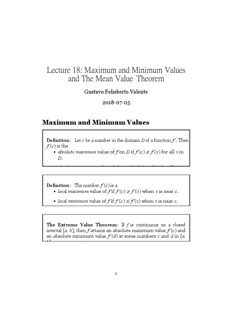 Lecture 18 Maximum And Minimum Values And The Mean Value Theorem Pdf Maxima And Minima