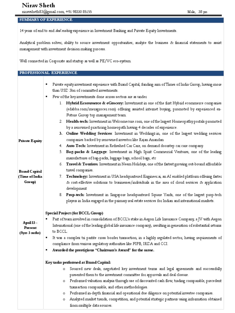Nirav Sheth - CV | PDF | Private Equity | Mergers And Acquisitions