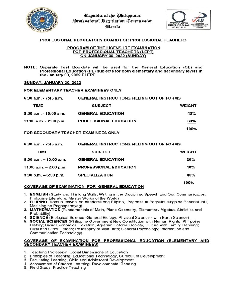 January 2022 LET Exam Schedule | PDF | Social Sciences | Chemistry