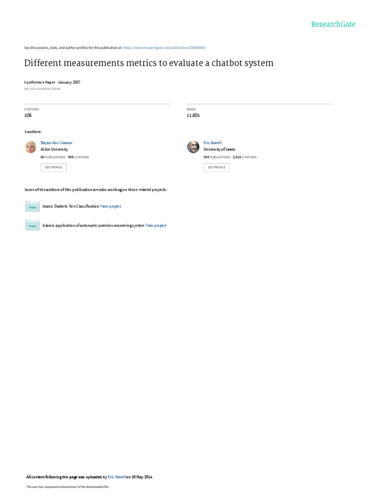 Different Measurements Metrics To Evaluate A Chatbot System: January ...