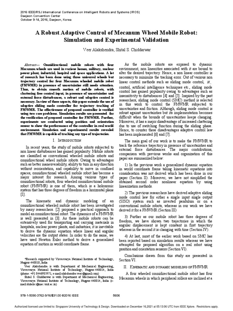 A Robust Adaptive Control Of Mecanum Wheel Mobile Robot Simulation And Experimental Validation