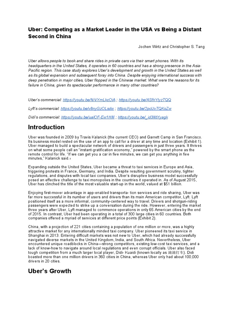 Uber's US Success vs China Challenges | PDF | Lyft | Taxicab