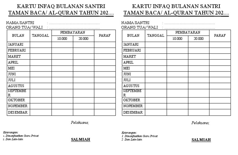 Kartu Infaq Bulanan Santri 2023 | PDF