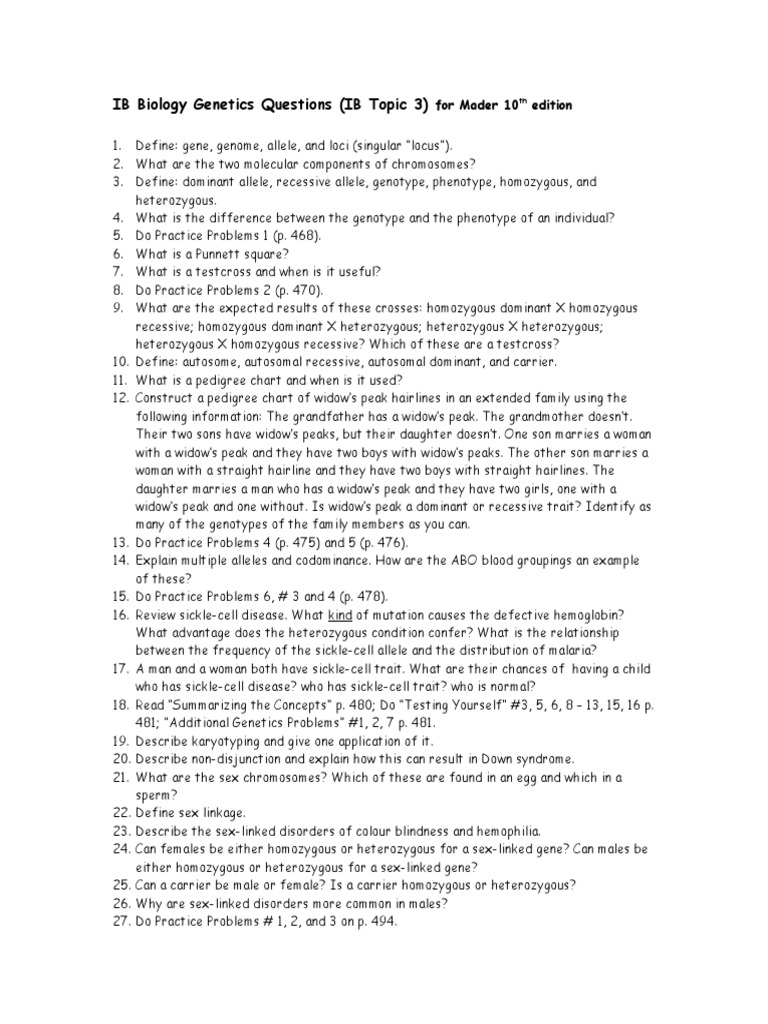 IB Biology Genetics Questions (IB Topic 3) : For Mader 10 Edition | PDF ...
