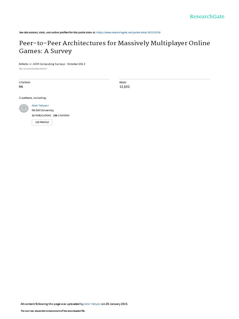 Peer-to-Peer Architectures For Massively Multiplayer Online Games: A Survey | PDF | Peer To Peer ...