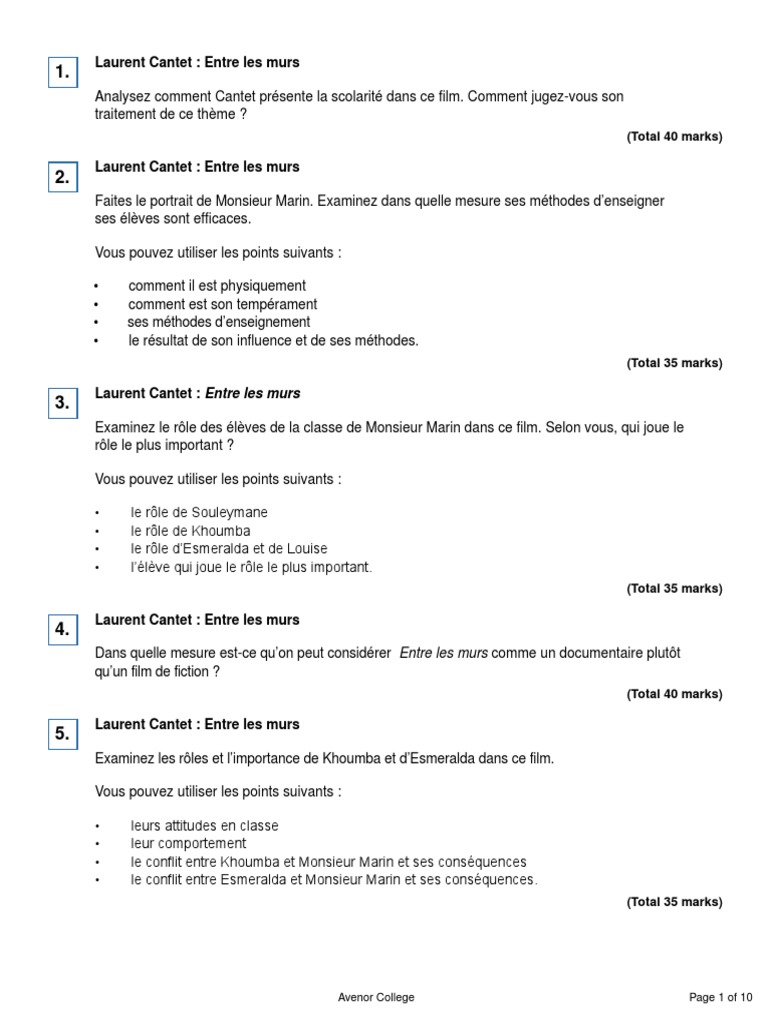 French AQA AS Exam Practice - Entre Les Murs | PDF | Nature humaine