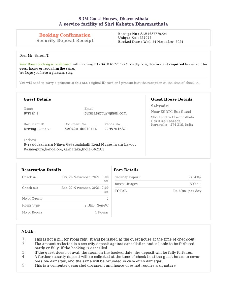 Security Deposit Receipt: Booking Confirmation | PDF
