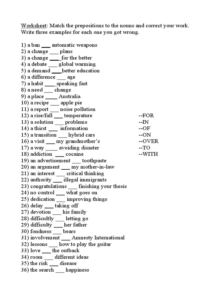 4 Noun Preposition Collocation Worksheet | PDF
