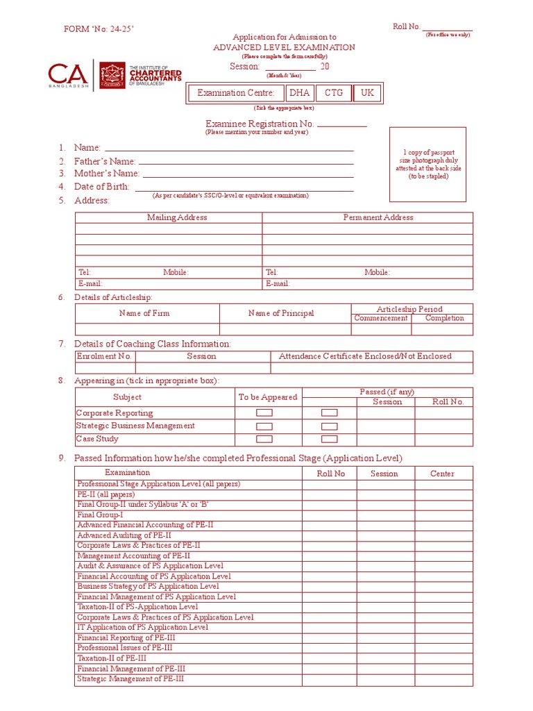 Application Form Admission Advanced Level Exam 2021 | PDF | Accounting ...
