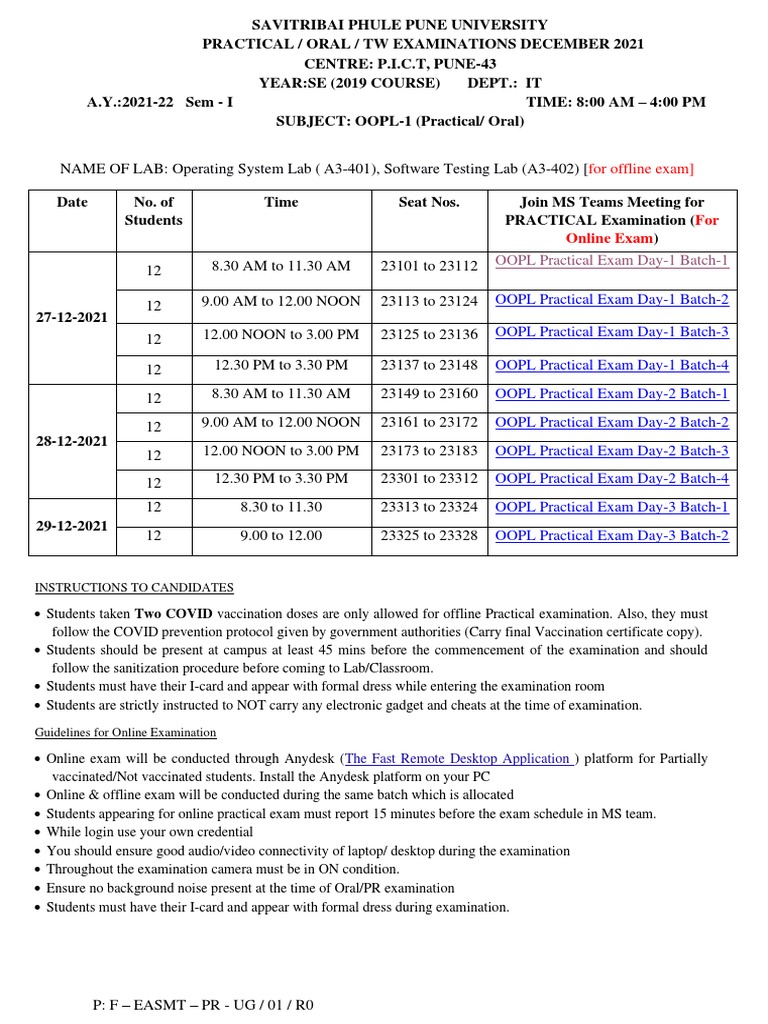 Updated OOPL Practical Exam Schedule-I SE AY 2021-22 Sem I | PDF | Computing