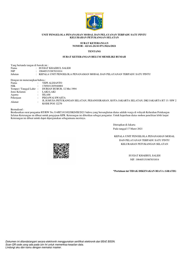 Pelayanan Administrasi PTSP Kelurahan Surat Pengantar KPR BTN | PDF