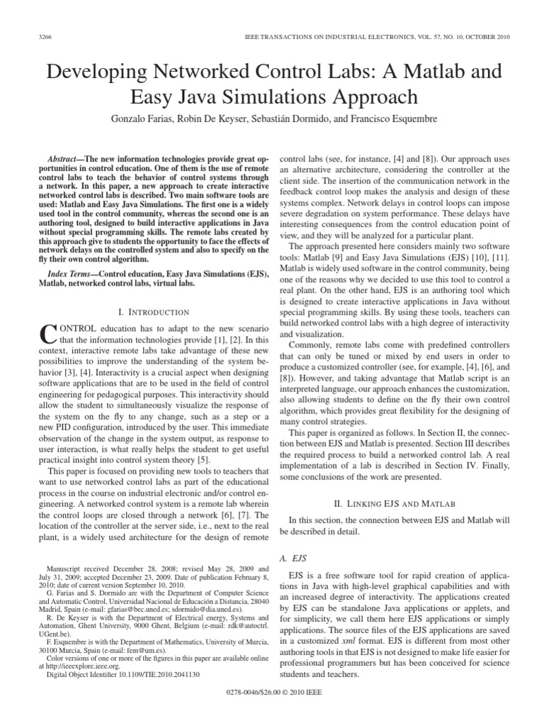 Developing Networked Control Labs: A Matlab and Easy Java Simulations Approach | PDF | Matlab ...