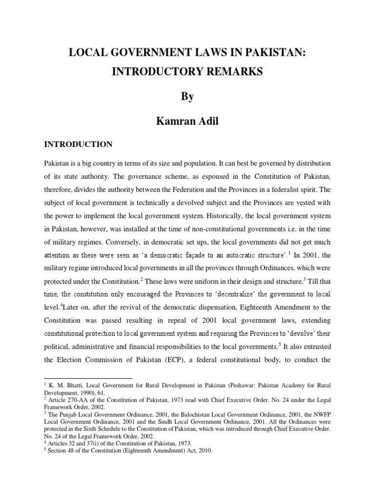 Local Government Laws in Pakistan: Introductory Remarks by Kamran Adil ...