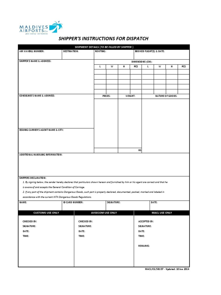 Shipper's Dispatch Instruction Form | PDF