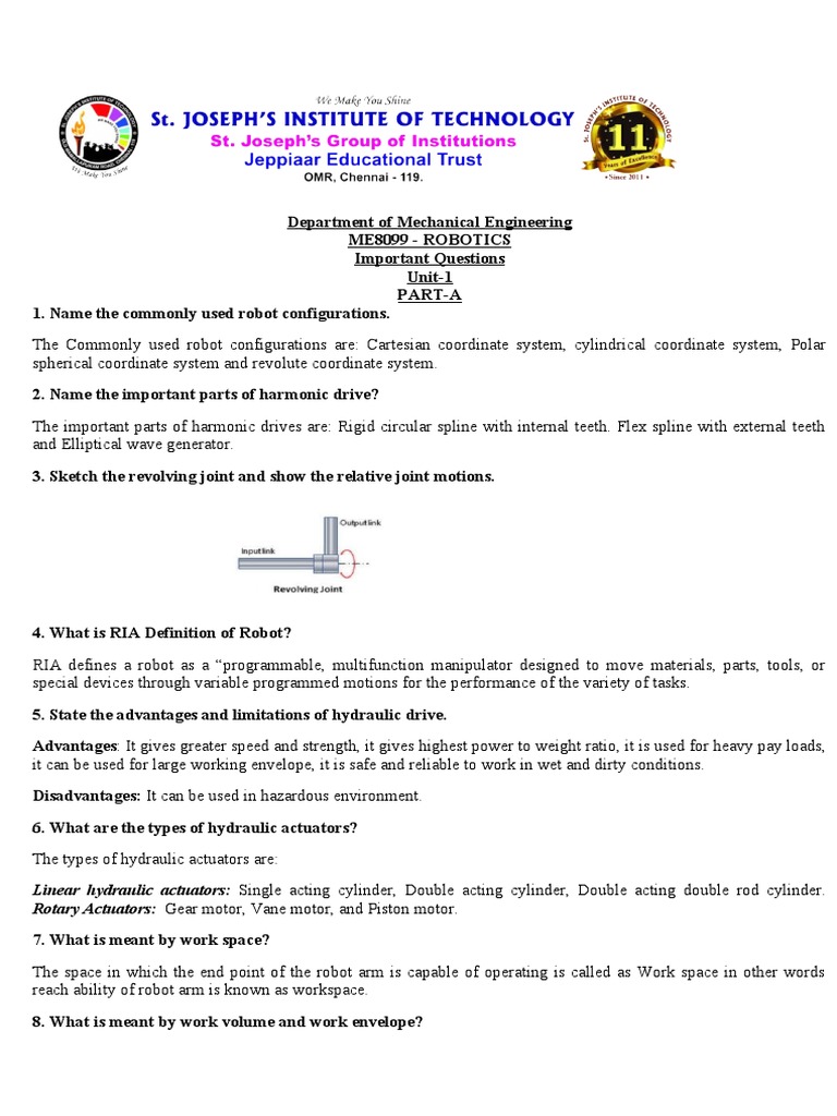Robotics Unit-1 Important Questions | PDF | Robot | Robotics