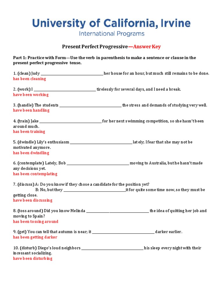 Present Perfect Progressive: - Answer Key | PDF | Verb | Syntax