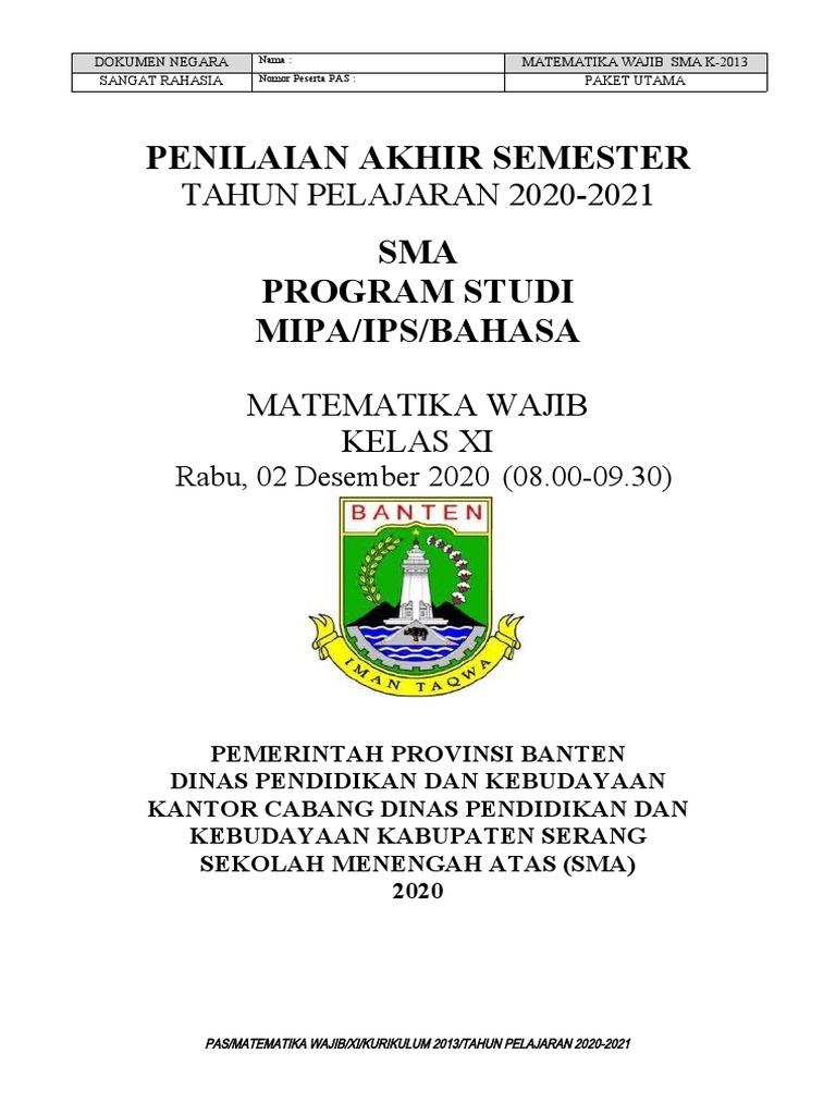 Naskah Soal Pas Matematika Wajib Kelas Xi. | PDF
