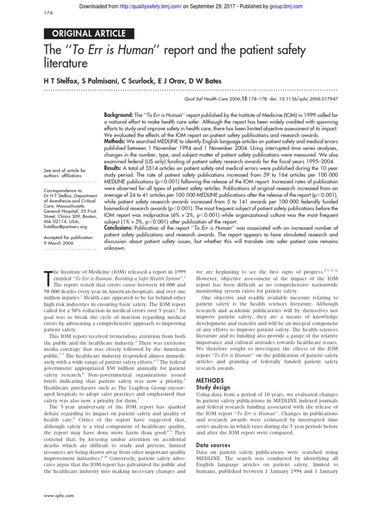 The Impact of the 1999 IOM Report "To Err is Human | PDF | Patient ...