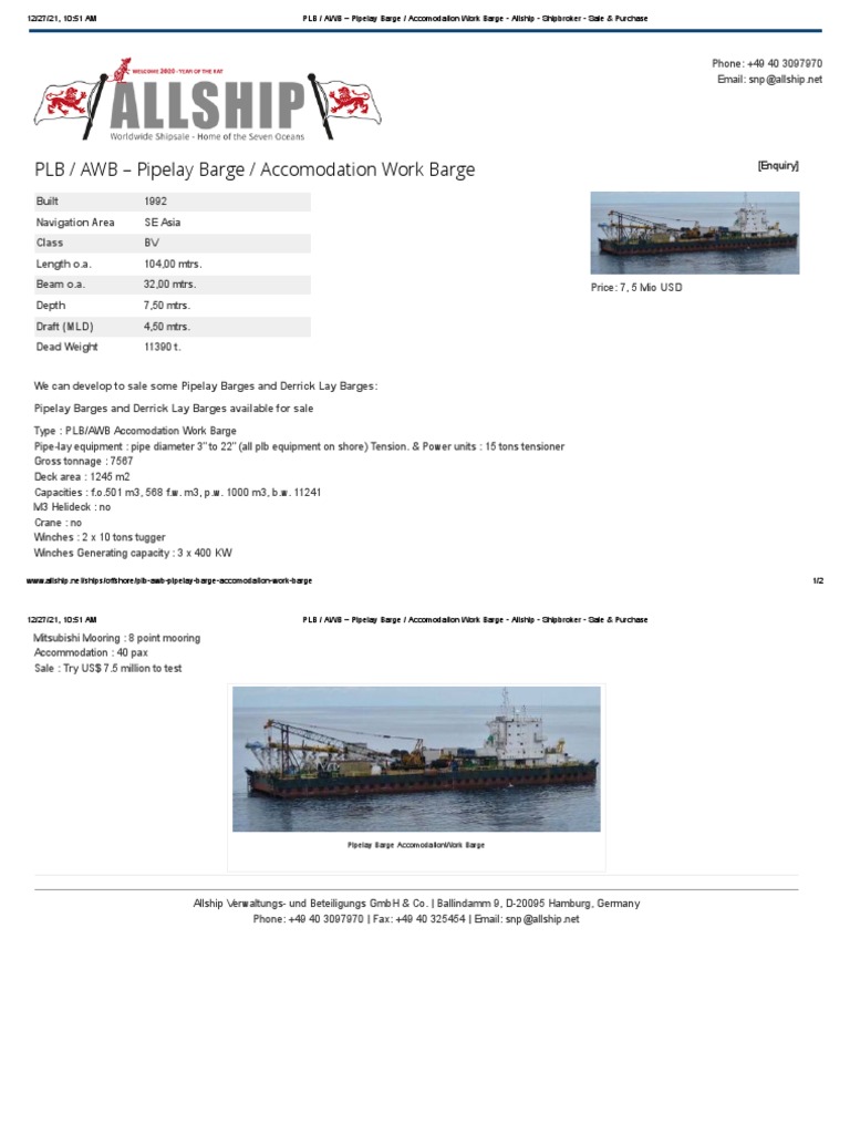 PLB - AWB - Pipelay Barge - Accomodation Work Barge - Allship ...