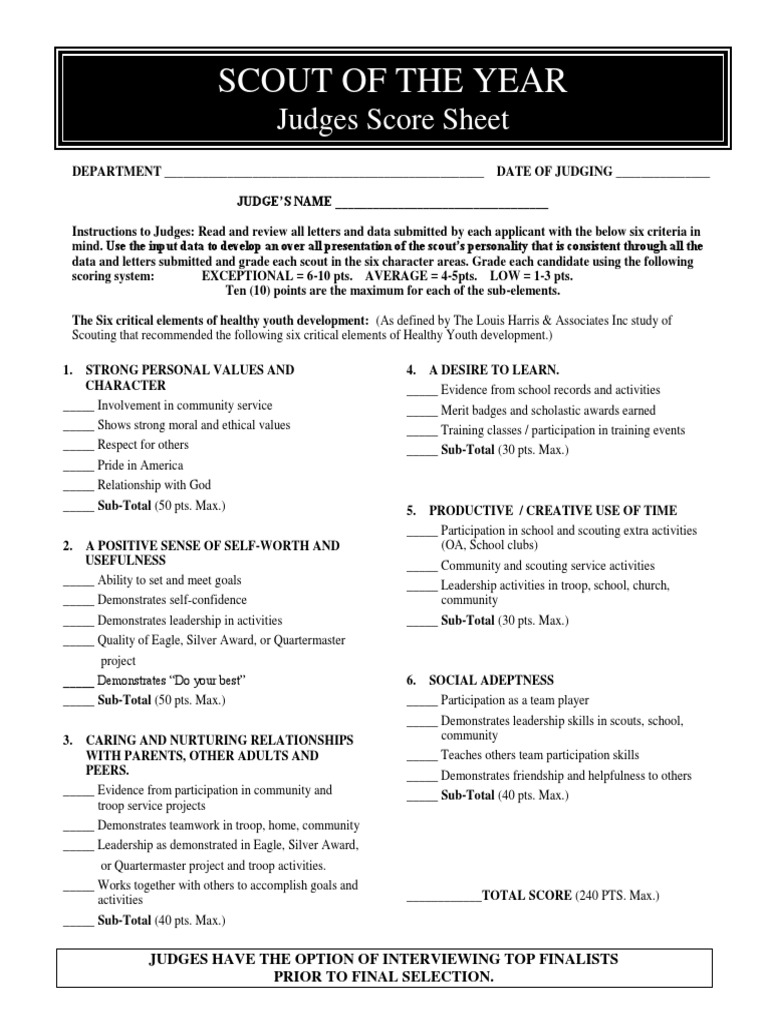 Scout of The Year: Judges Score Sheet | PDF | Leadership | Self Esteem
