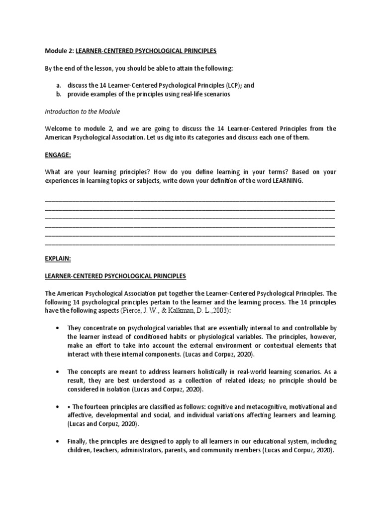 Facilitating Learning - Module 2 - Learner Centered Psychological Principles (LCP) | PDF ...