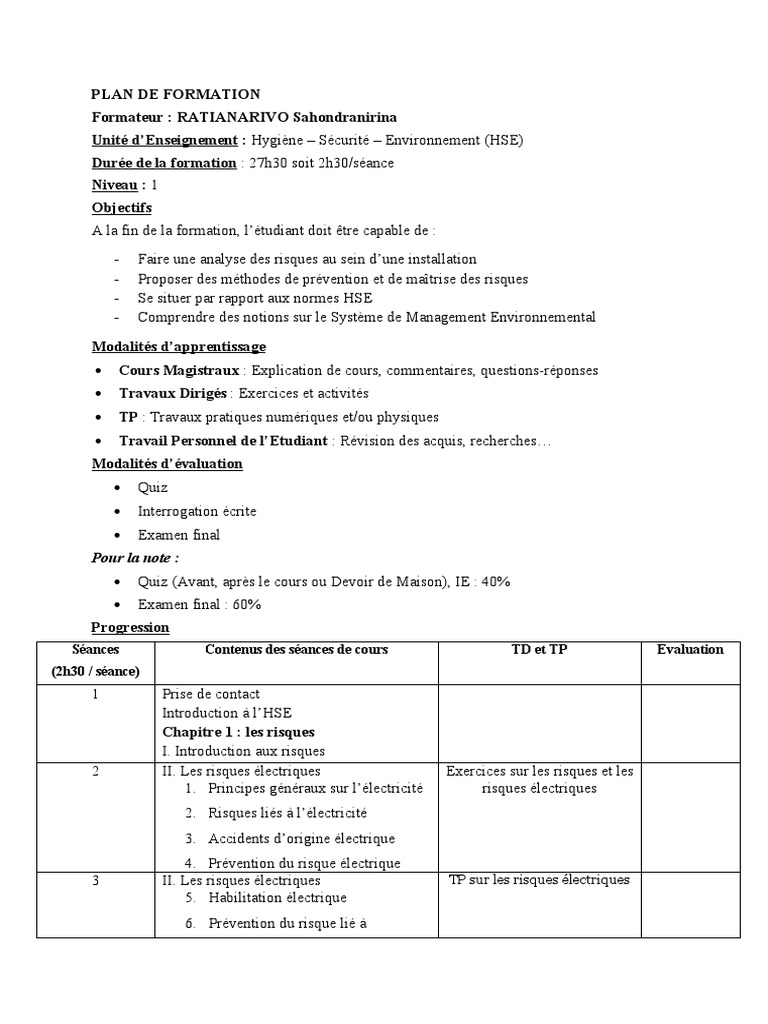 PLAN DE FORMATION HSE Copie | PDF