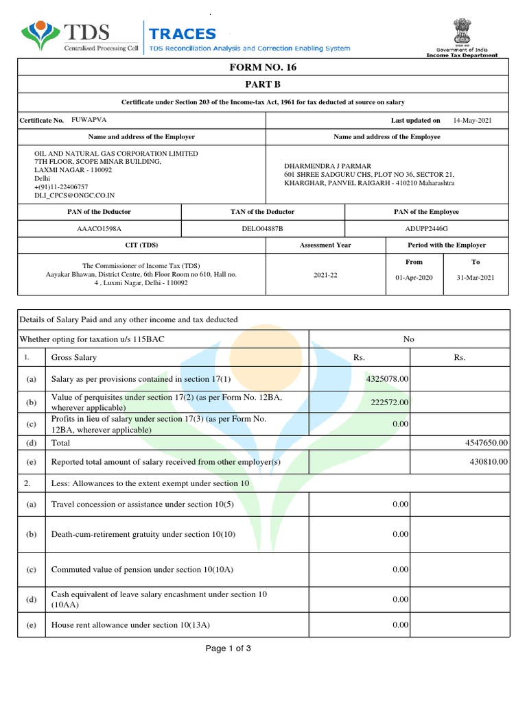 Form No. 16 Part B (2020) | PDF | Tax Deduction | Pension