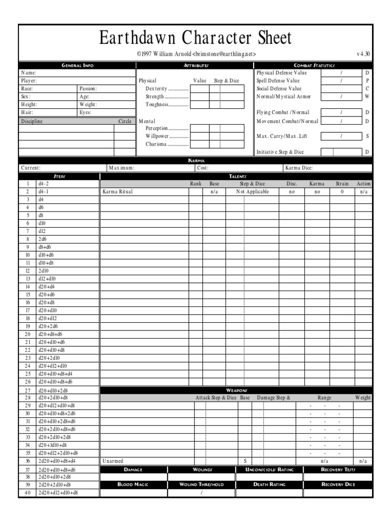 Earthdawn Character Sheet: G I A C S | PDF | Adventure Games | Tabletop ...