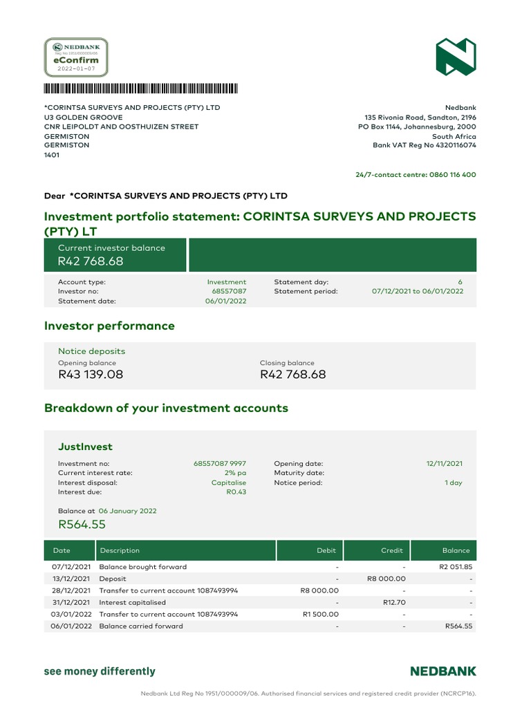 Investment Portfolio Statement: CORINTSA SURVEYS AND PROJECTS (Pty) LT ...
