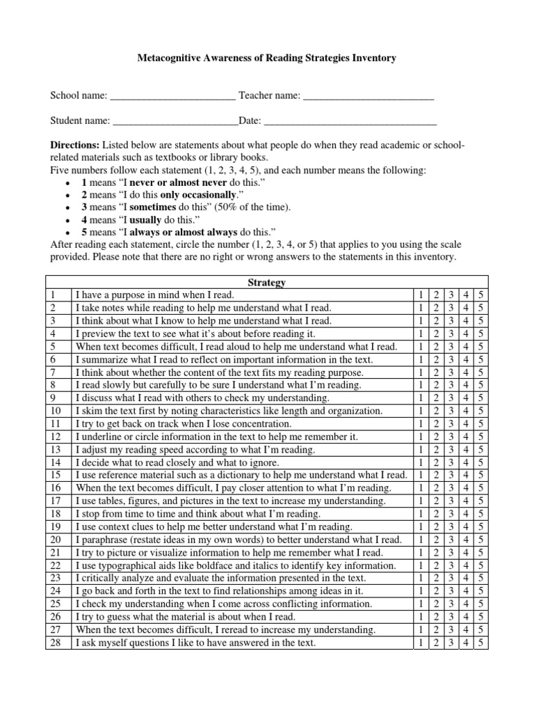 MARSI Reading Strategies Checklist - 1 | PDF | Information | Cognitive ...