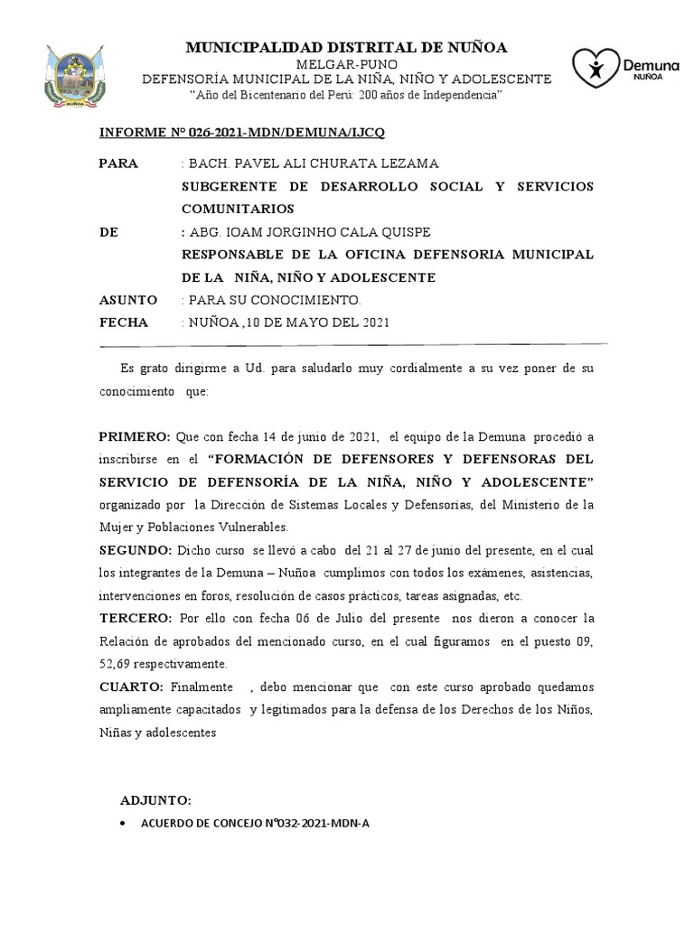 Informe N 026 Pongo de Su Conocimiento Acuerdo de Concejo | PDF