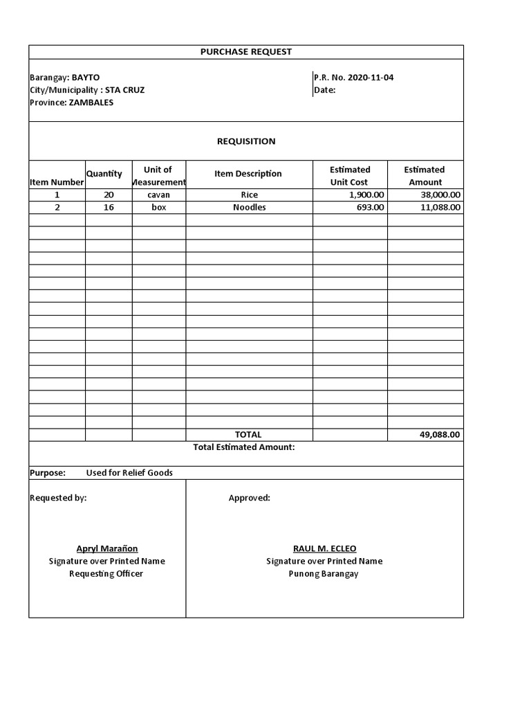 Purchase Request: Quantity Unit of Item Description Estimated Estimated ...