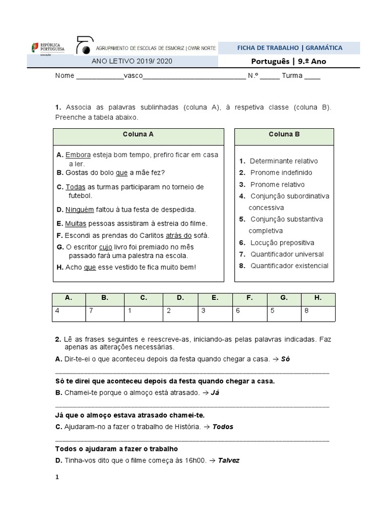 Ficha Gram Global | PDF | Assunto (gramática) | Mecânica da linguagem