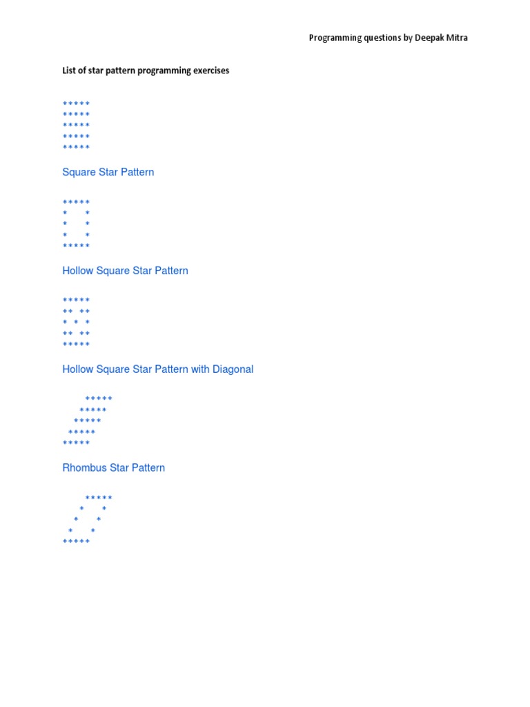 List of Star Pattern and Arrays Programming Exercises | PDF | Matrix ...