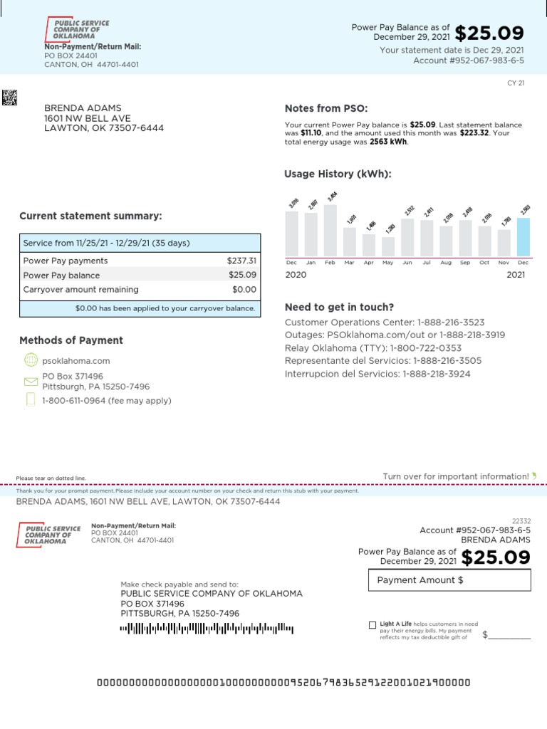 Notes From PSO:: Brenda Adams 1601 NW Bell Ave LAWTON, OK 73507-6444 ...