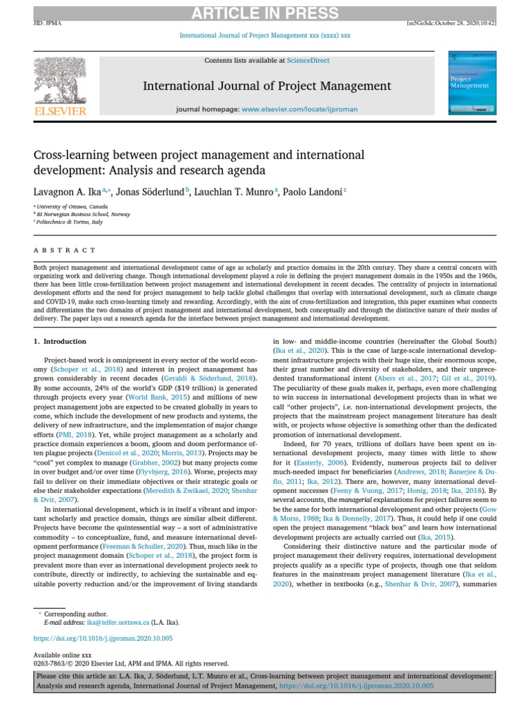 International Journal of Project Management: Lavagnon A. Ika, Jonas ...