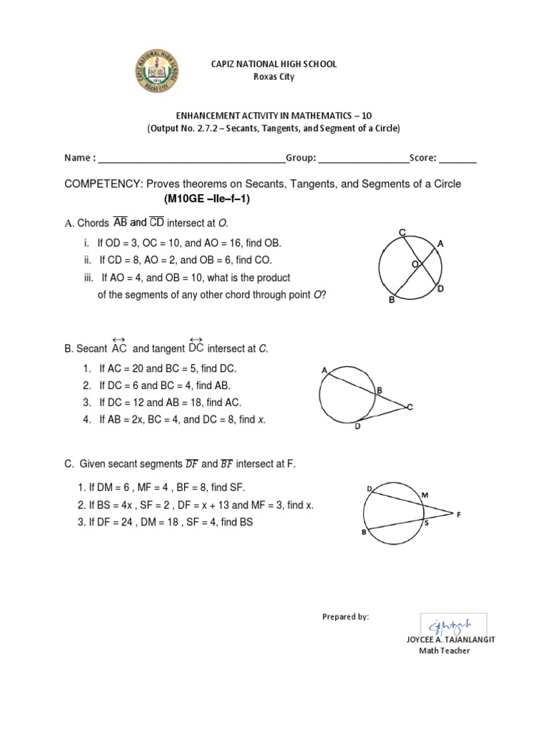 Name: - Group: - Score: - COMPETENCY: Proves Theorems On Secants, Tangents, and Segments of A ...