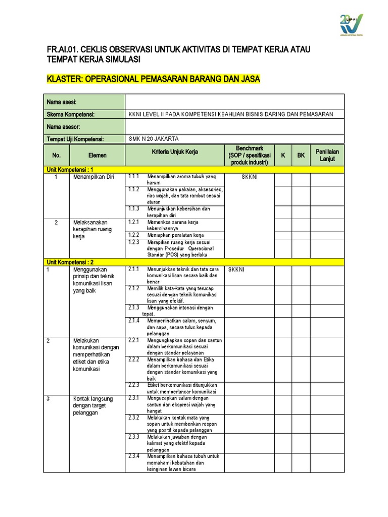 FR - AI.01.A CEKLIS OBSERVASI - Final | PDF