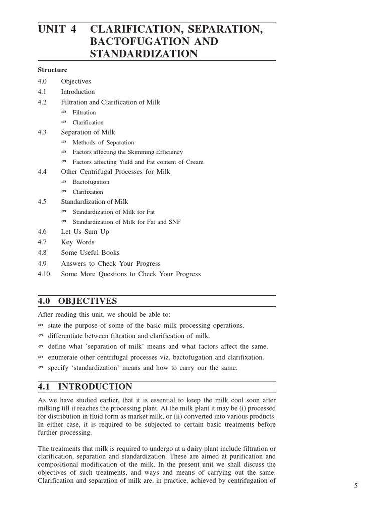 Clarification, Separation, Bactofugation and Standardization | PDF ...