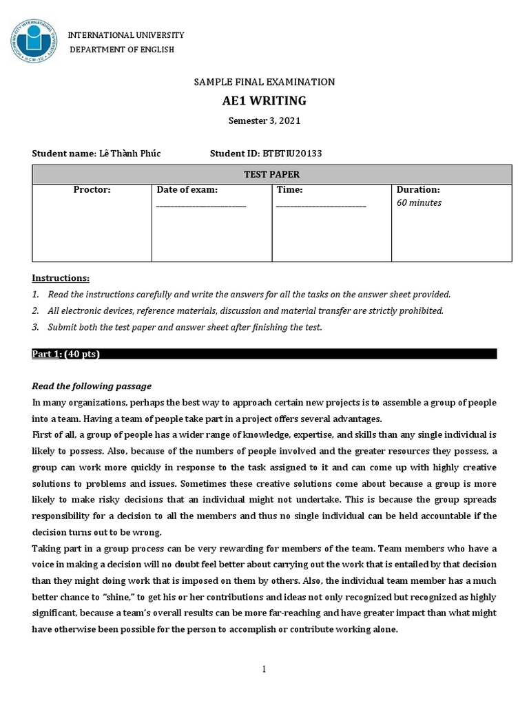 AE1 Writing Final Exam Overview | PDF | Adolescence | Test (Assessment)