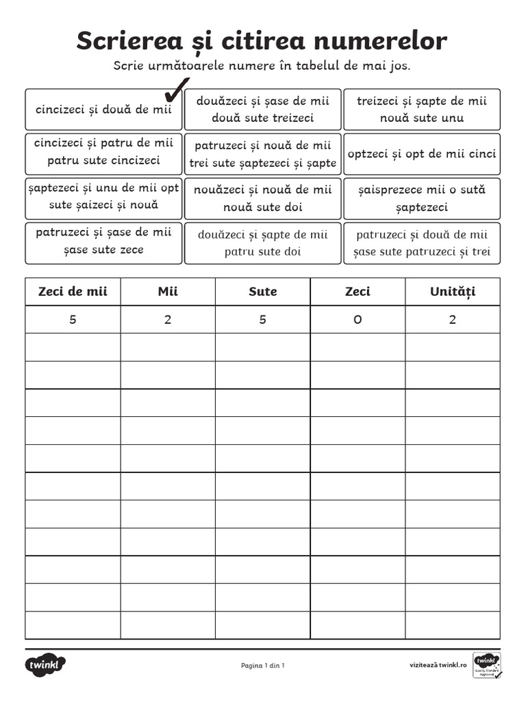 Scrierea Si Citirea Numerelor - Fisa de Lucru | PDF