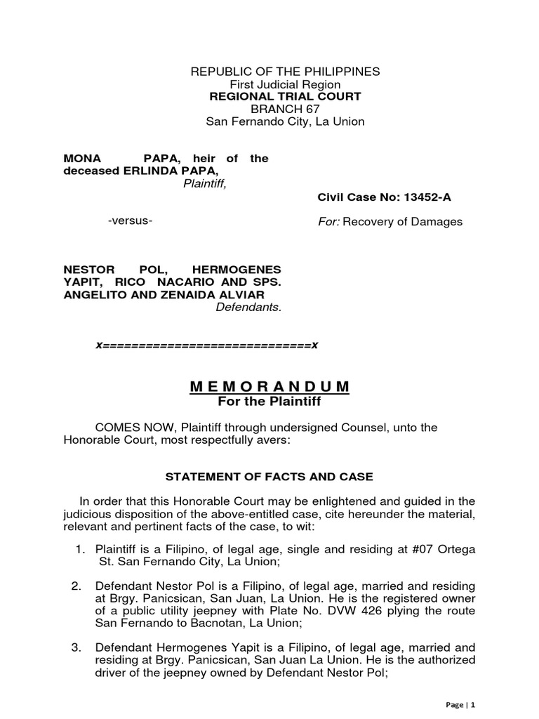 Memorandum For The Plaintiff - Ronquillo | PDF | Negligence | Damages