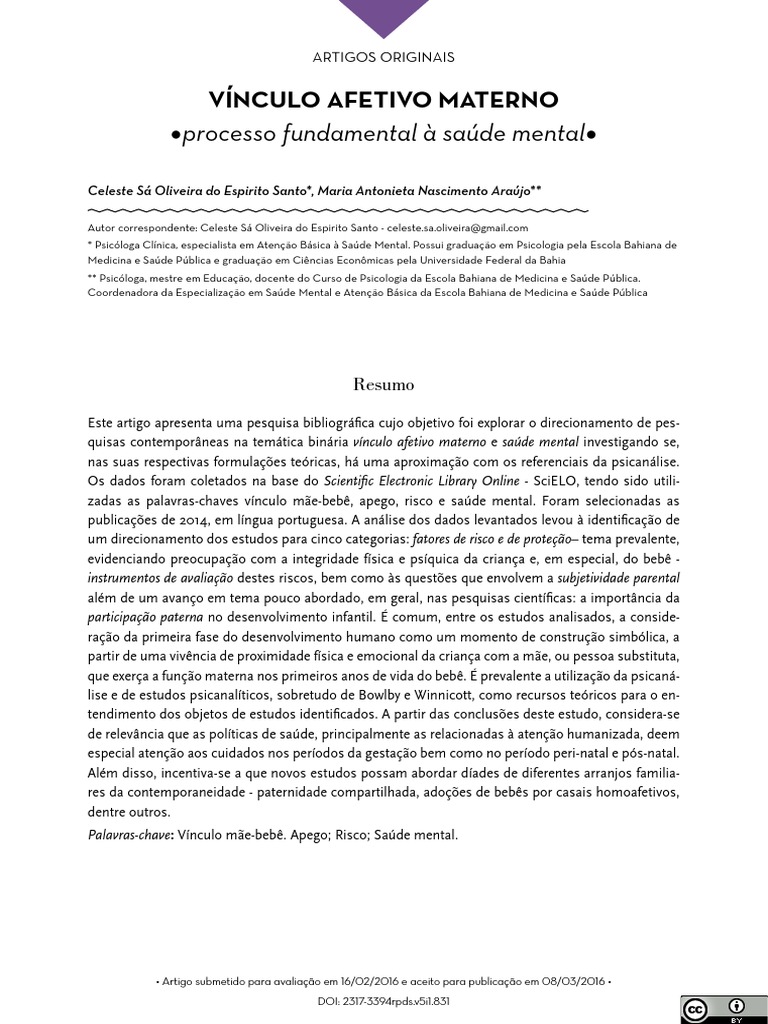 VÍNCULO AFETIVO MATERNO Processo Fundamental À Saúde Mental | PDF | Psicologia | Teoria do Apego