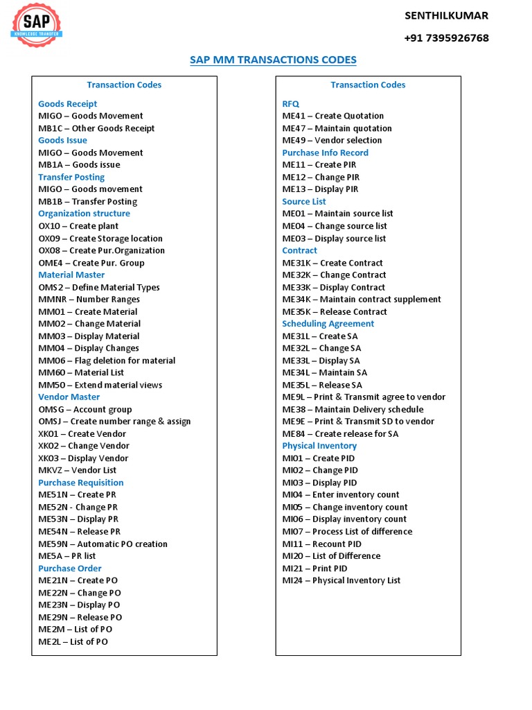 SAP MM Transaction Codes Movement Types 1639846977 | PDF | Business ...