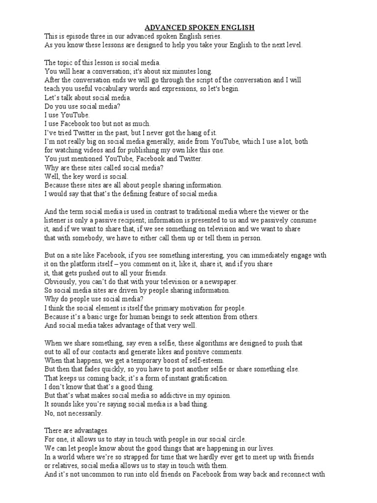 Advanced Spoken English | Download Free PDF | Popular Culture & Media ...