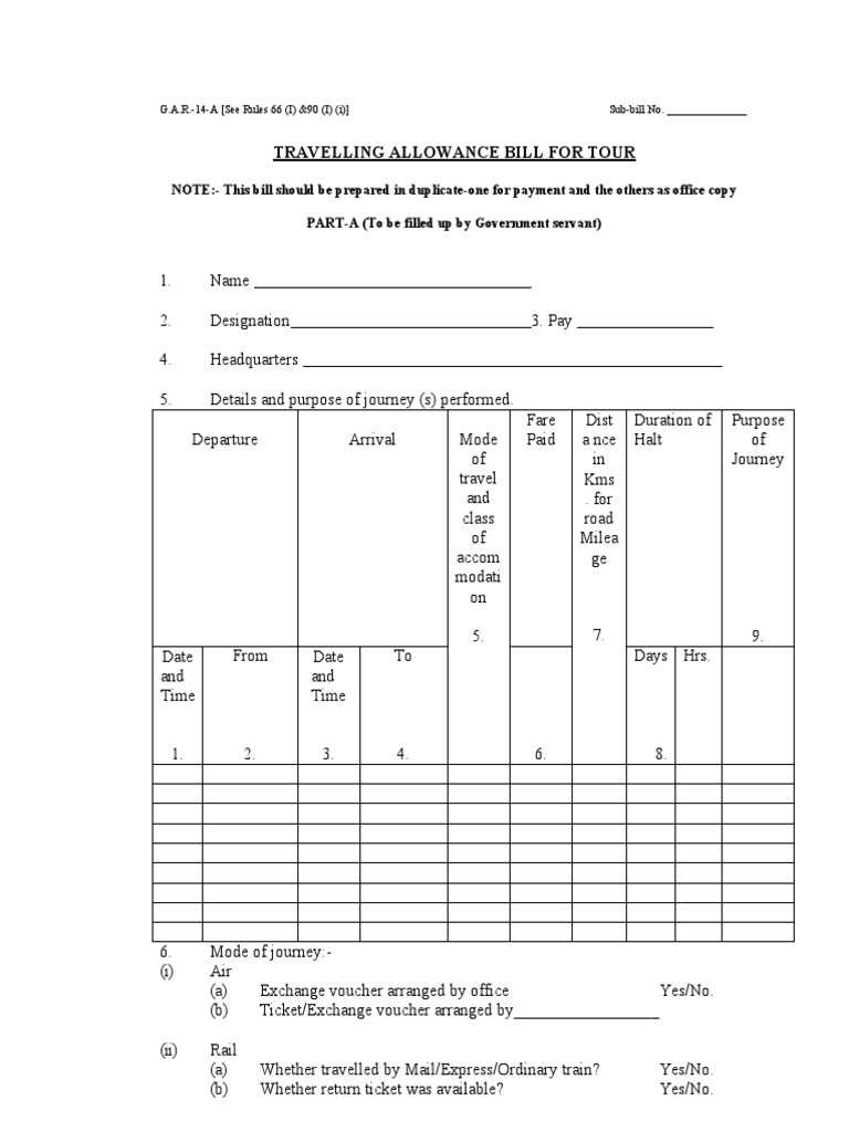 Travelling Allowance Bill For Tour: PART-A (To Be Filled Up by ...