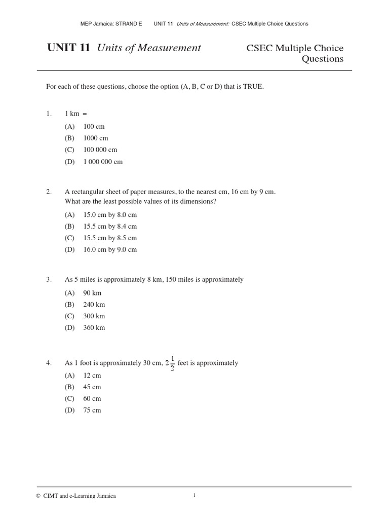 UNIT 11 Units of Measurement: CSEC Multiple Choice Questions | PDF ...