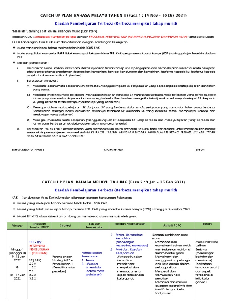 RPT Catch Up Plan Bahasa Melayu Tahun 6 Cikgu Shaiza | PDF